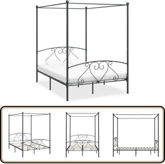 vidaXL Himmelbett-Gestell Grau Metall 140 x 200 cm - Himmelbett Gestell - Metallbettrahmen - Doppelbett Rahmen - Boxspring Bett - Bettgestell Grau