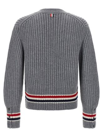 Thom Browne Ribbed Cashmere with RWB Stripe Cardigan - Grey
