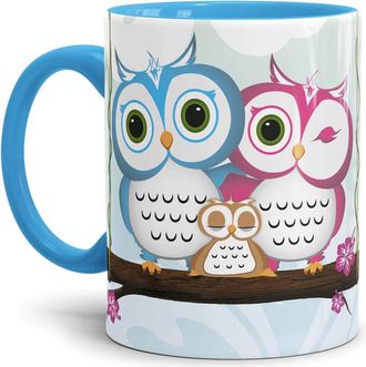 Tassendruck Eulen Tasse Comic - Kaffeetasse/Mug/Cup Innen und Henkel Blau - Qualität Made in Germany