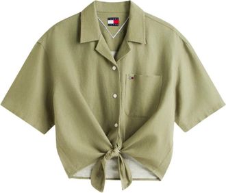 Tommy Jeans Femme, Blouses et Chemises, Vert, Taille: 38 FR Chemise &agrave; Manches Courtes en Lin M&eacute;lang&eacute;