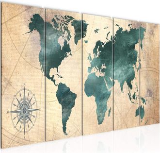 Runa Art Wandbild XXL Weltkarte Büro Wohnzimmer 200 x 80 cm Grün braun 5 Teilig - Made in Germany - 026055a