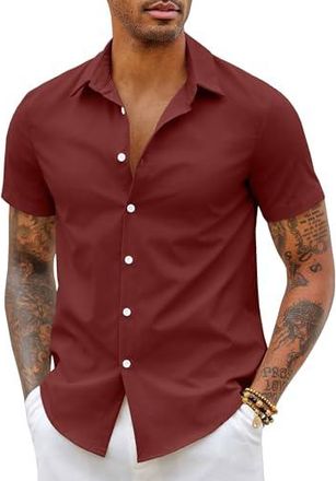 Coofandy Chemise à Manches Courtes pour Hommes Chemises dÉté dAffaires Chemise Décontractées Couleur Unie Chemisette Casual Rouge Bordeaux XXXL