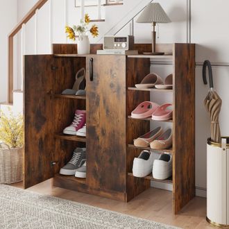 Giantex Schuhschrank, Schuhregal mit 2 verstellbare Einlegeb&ouml;den & 4 offene Regale, schmale Schuhkommode f&uuml;r Eingangsbereich, Flur & Wohnzimmer, 83 x 31 x 90 