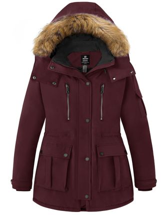 Wantdo Damen &Uuml;bergr&ouml;&szlig;e Winter Jacke Gesteppte Daunenjacke Warm Mantle Verdicker Parka mit Abnehmbarer Fellkapuze Weinrot 50-52