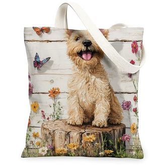Generic Spring Lakeland Terrier Sac fourre-tout en toile pour faire du shopping 33 x 38,1 cm, souche en bois floral, sac d&eacute;picerie r&eacute;utilisable pour femme, pe
