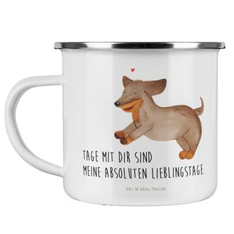 Mr. & Mrs. Panda Camping Emaille Tasse Hund Dackel - Geschenk, Hundemama, Emaille Campingbecher, braun, Hunde, Emaille Tassen, Camping Tassen