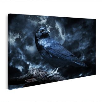 Islandburner Bild auf Leinwand Schwarzer Rabe Im Mondlicht Auf Baum Be&auml;ngstigend Gruselig Gotisch Einstellung Bew&ouml;lkt Nacht Mit Vollmond Halloween Wandbild Poster 