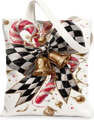 Generic Sacs fourre-tout en toile vintage de No&euml;l, &eacute;l&eacute;gants motifs cloches et sucre dorge, sacs d&eacute;picerie r&eacute;utilisables, l&eacute;gers et lavables, blanc, 13x15 Inch