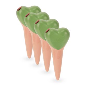 Relaxdays Tonkegel Bewässerung, 4er Set, je 70 ml, Gießhilfe für Pflanzen, Herz Design, innen & außen, terrakotta/grün