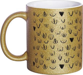OM3 witzige Glitzertasse mit Vaginas Vulva Kaffeetasse Muschi Rundherum-Muster - Glitter Tasse - Keramik Becher - 11oz 325ml - Beidseitig Bedruckt - Gold
