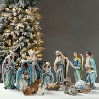 Glitzhome 12-teiliges Deluxe-Krippenfiguren-Set aus Kunstharz, Weihnachtsschmuck, Weihnachtsdekorationen, Tischszenen, Figuren-Set, Sammlerst&uuml;cke, dekoratives B
