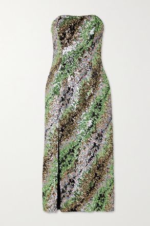 Halpern Tr&auml;gerloses Midikleid Aus T&uuml;ll Mit Pailletten Und Streifen - Gr&uuml;n