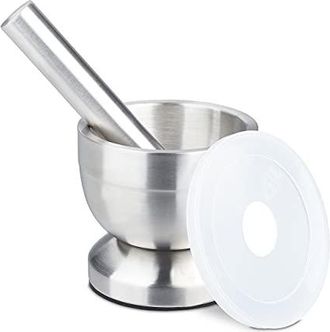 Relaxdays Mörser mit Stößel, aus Edelstahl, mit Deckel, Gewürze, Kräuter, Rutschfester Handmörser, Ø 10 cm, 200 ml, grau