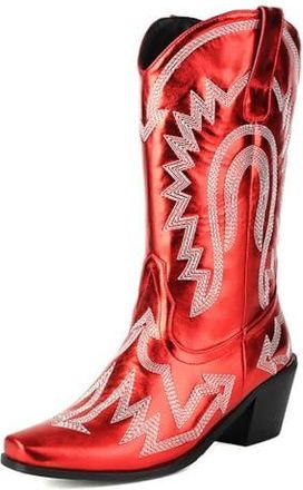 Generic Bottes de cowgirl occidentales brodées métalliques pour femme, coupe en V, larges mollets, confortables, talon épais, bout carré, chaussures rétro à e