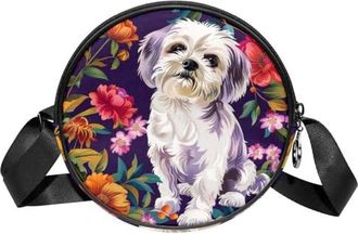 Generic Petit sac &agrave; bandouli&egrave;re rond pour femme, motif fleurs de chien, sac &agrave; dos avec fermeture &eacute;clair, bretelles r&eacute;glables, sac &agrave; main rond d&eacute;contract&eacute; pour