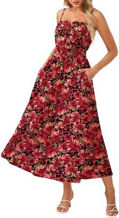 Grace Karin Robe longue d&eacute;contract&eacute;e pour femme - Style boh&egrave;me - Sans manches - Avec bretelles spaghetti - Pliss&eacute;e - Coupe trap&egrave;ze - Robe de plage - Robe festive 