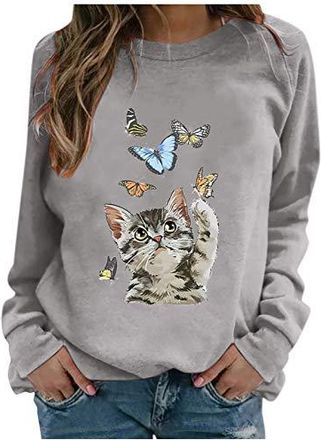 Onsoyours Femmes Pull Mode Chat Imprim&eacute; Animal Imprim&eacute; 3D Motif De Chat Lapin Imprim&eacute; Animal Sweat O-Neck Slogan &Agrave; Manches Longues Color Block Patchwork Tops Bl