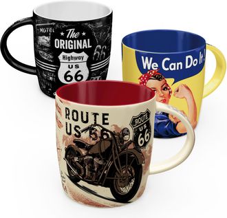 Nostalgic Art Retro Kaffee-Becher (3er-Set), 330 ml, USA Set 3 - Geschenk-Idee für Amerika-Fans, Keramik-Tasse, Vintage Design