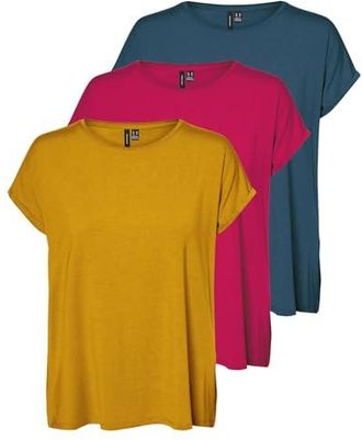 Vero Moda Aware Ava T-Shirt à Manches Courtes, Lot de 3 (Jaune doré, Rose Vif, Bleu marocain), XXL