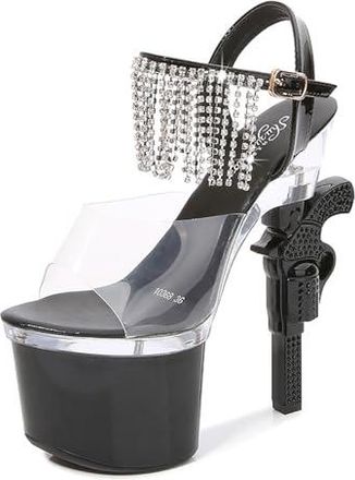 Generic Noir,38 EU,Sandales à Talons Aiguilles pour Femmes, Plateforme, Bout Ouvert, avec chaîne en Strass, Bride à la Cheville, Chaussures de soirée de Maria