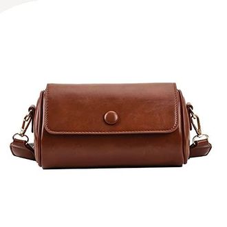 Generic Sac à bandoulière cylindrique pour femme, sac à main à rabat en cuir, sac à main baril, sac à bandoulière tendance avec large sangle, marron, Small