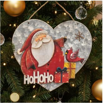 Com-Four H&auml;ngedeko Weihnachten - Holz-Aufh&auml;nger in Herzform ca. 30,5 x 26,5 cm - gro&szlig;es Deko-Herz mit Weihnachtsmann - Christmas Wanddeko (Hohoho - Herz)