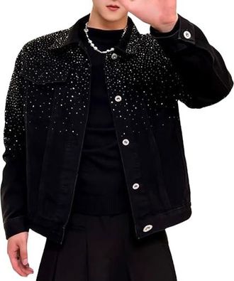 Generic Casual Jackets for Men Slim Fit Trendy Jeans Coat Sparkly Embellished Rhinestone Denim Jacket Y2k Clothes Black 3X Large