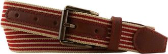 TigerTie hochwertiger Stretchgürtel mit Edelstahl Schnalle und echt Leder Applikationen in rot beige gestreift. Gürtelbreite 35 mm, Bundweite 110 cm