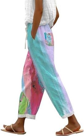 Generic Pantalon en lin pour femme - Taille haute - Pantalon dété pour femme - Léger - En lin - Fleurs - Pantalon de plage léger - Pantalon long en mousseline