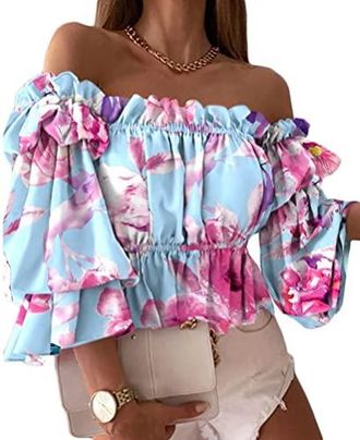 Onsoyours Chemisier Femme Epaule Dénudée Grande Taille Blouse Haut Sexy Top Epaule Nu Chemisier Col Bandeau Tee-Shirt Imprimée Fleurie Fluide Chic Tops E BleuCl