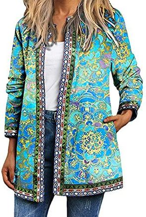 ORANDESIGNE Vestes Vintage Femme Style Ethnique Imprimé Floral Manteau Chic Boho Impression de Fleurs Cardigan avec Poche P Vert XL