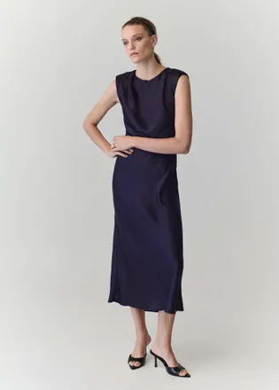 Mango Robe satin&eacute;e &eacute;paulettes bleu nuit - Femme - XS - MANGO