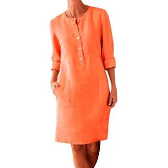 FNKDOR Robe d&eacute;contract&eacute;e Femme Couleur Unie R&eacute;tro Coton et Lin Robe Tunique Chic Bouton Col Rond Robe Casual L&acirc;ch&eacute; Robe Midi &agrave; Manches Longues Robe D&eacute;t&eacute; avec