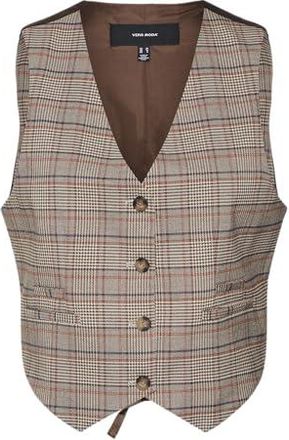 Vero Moda Vmellie SL Veste Gilet de Costume, Silver Mink/Carreaux : Marron, 44 Femmes