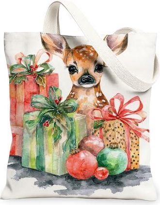 Generic Sacs fourre-tout en toile de cerf de No&euml;l, sacs d&eacute;picerie r&eacute;utilisables, l&eacute;gers et lavables avec bandouli&egrave;re Ca, blanc, 13x15 Inch