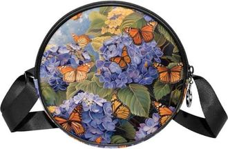 Generic Sac &agrave; bandouli&egrave;re rond pour femme, motif fleurs et papillons, petit sac &agrave; bandouli&egrave;re avec fermeture &eacute;clair, bretelles r&eacute;glables, sac &agrave; main rond d&eacute;co