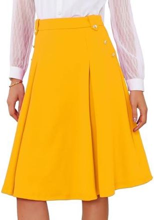 Allegra K Jupe mi-Longue &eacute;vas&eacute;e pliss&eacute;e Vintage &agrave; d&eacute;corer de Boutons Taille Haute pour Femmes Jaune XL