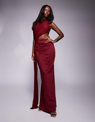 Asos Hochgeschlossenes, neoprenartiges Maxikleid in Burgunderrot mit drapiertem Netzstoff-Detail an der Seite