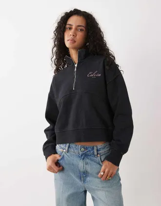 Calvin Klein Jeans French Terry mit Viertelrei&szlig;verschluss in Schwarz-Blau