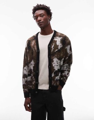 Carhartt Work in Progress Merton - Strickjacke aus Alpakawollmix mit abstraktem All-over-Rautenmuster-Brown