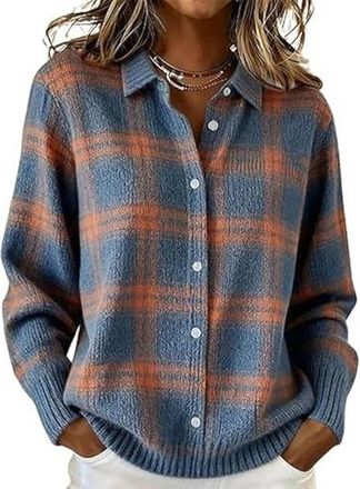 Generic Cardigan boutonn&eacute; d&eacute;contract&eacute; en coton pour femme, imprim&eacute; &agrave; carreaux, cardigan court en tricot, cardigan boutonn&eacute;, E, XXL