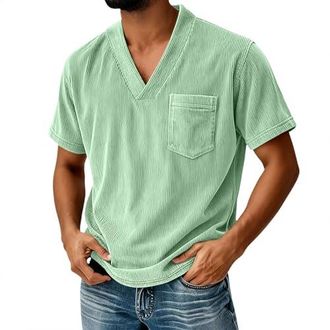 Generic DENGJIAMY T-shirt &agrave; manches courtes et col en V &agrave; rayures verticales pour homme T-shirt d&eacute;contract&eacute; tendance avec poche grande taille T-shirts unis cl