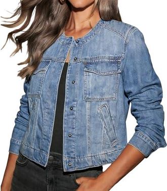 Generic Veste en jean sans col pour femme - Manches longues - Style western - Style d&eacute;contract&eacute;, bleu, XXL