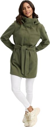 Marikoo Damen Übergangsmantel (XS-3XL) - Eleganter Mantel mit Taillengürtel, abnehmbarer Kapuze, 2-Wege-Reißverschluss, Warme Jacke Frauen - N047 (S, Olive-Le