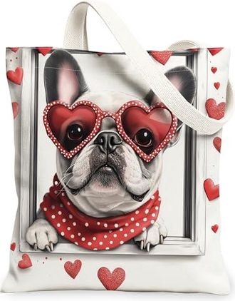 Generic Sac fourre-tout en toile avec motif bouledogue fran&ccedil;ais pour le shopping 33 x 38 cm, sac &agrave; bandouli&egrave;re r&eacute;utilisable pour la Saint-Valentin, d&eacute;coration