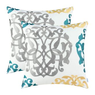 CaliTime Kissenbez&uuml;ge Kissenh&uuml;lle Packung mit 2 Dekokissenbez&uuml;gen aus Baumwolle Bez&uuml;ge f&uuml;r Bettcouch Sofa Vintage Compass Geometric Floral Bestickt 50cm x 50cm