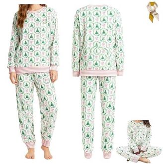 Generic Christmas Trees and Bows Pajama Set,Christmas Bow Print Pajamas for Women,Casual Cute Contrast Striped Banding Lounge Set (FR/ES, Alpha/Lettres, TTG, 