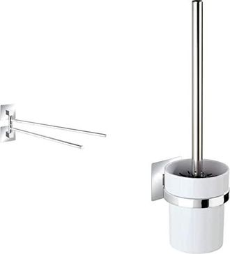 WENKO Turbo-Loc Edelstahl Handtuchhalter 2 Arme Quadro - Befestigen ohne Bohren, 6.5 x 14.5 x 40 cm, Chrom & Turbo-Loc WC-Garnitur Quadro - WC-Bürstenhalter