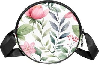 Generic Petit sac &agrave; bandouli&egrave;re circulaire pour femme, motif feuilles florales, sac &agrave; dos avec fermeture &eacute;clair, bretelles r&eacute;glables, sac &agrave; main rond d&eacute;contra