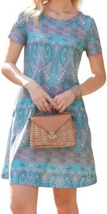 Zeagoo Femmes Robes dété Manches Courtes Col Rond Tshirt Robe légère Aérée avec Poches Casual Shirt Kleid Boho Bleu Fleurs S